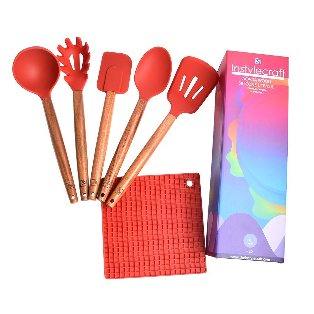 Instylecraft Silicone Kitchen Utensils Set Red Wood Cooking set, Kitchen Utensils Tools, Wooden Handle Spoons, Multi-functional TRIVET MAT BPA Free, Non Toxic, FOOD-GRADE SILICONE