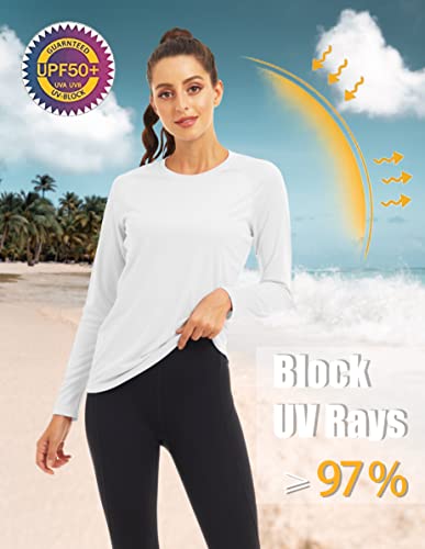 MAGCOMSEN Women's Long Sleeve Rash Guard Shirt - UV Protection, Hiking, Running, Fishing - White