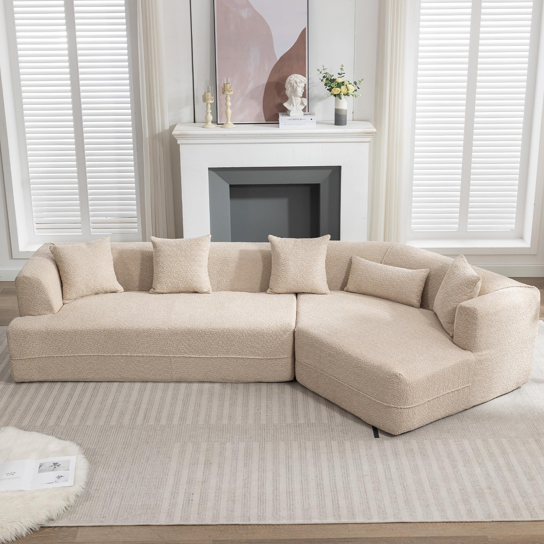 Wrofly 125.2" Modular Sectional Sofa Couch, Comfy Boucle Upholstered L-Shape Deep Seat Cloud Couch with Convertible Chaise, Modern Minimalist Sleeper Sofa Set for Living Room, Office, Light Brown