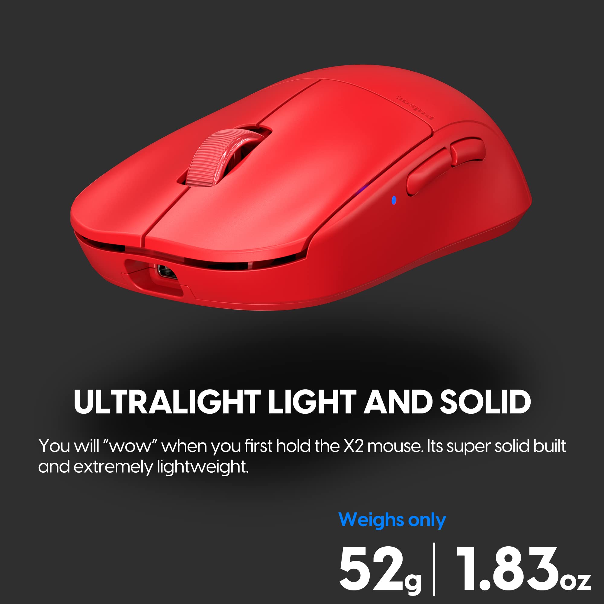 Pulsar Gaming Gears X2 Mini Wireless Gaming Mouse, Ultra Lightweight 1.83 oz (52 g), Symmetrical, 2.4 Ghz 1 ms, 26000 DPI, Optical Sensor PAW3395, TTC Gold Encoder (Mini, Wireless, Red)
