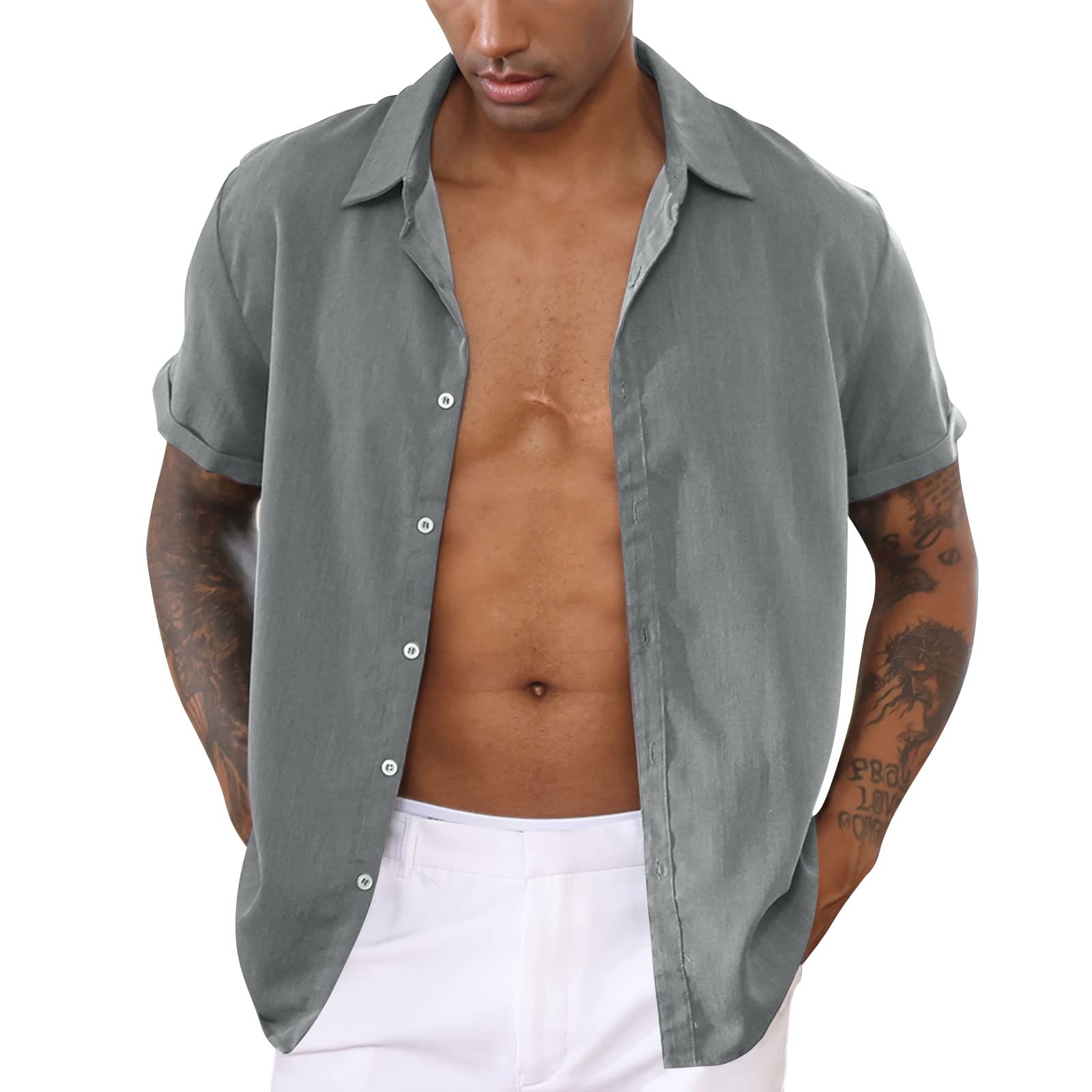 Men's Casual Summer Button Down Shirts Short Sleeve Holiday Beach Vintage Chambray Top GREENBLUE XL