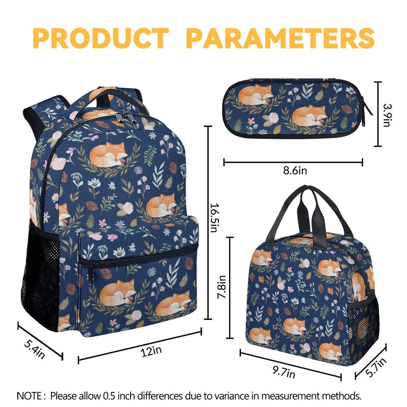 Mercuryelf Fox Girls Boys Backpack with Lunch Box Set, 3 in 1 School Travel Backpacks Matching Combo, Aesthetic Dark Blue Bookbag and Pencil Case Bundle
