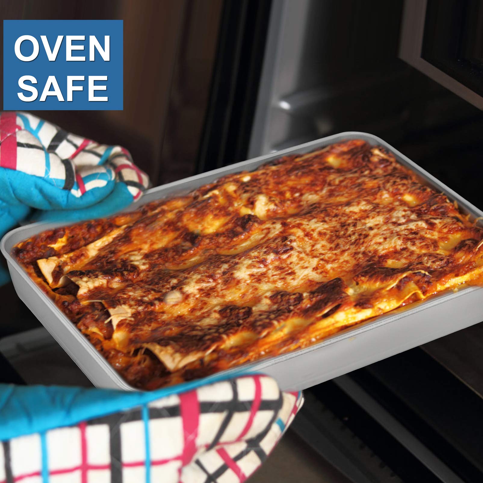 P&P CHEF Baking Sheet Rectangular Cake Pan, Stainless Steel Lasagna Pan for Lasagna Brownie Fish Meats, 9.7-inch by 12.3-inch, Heavy Duty & Easy Clean, Rectangle - Silver