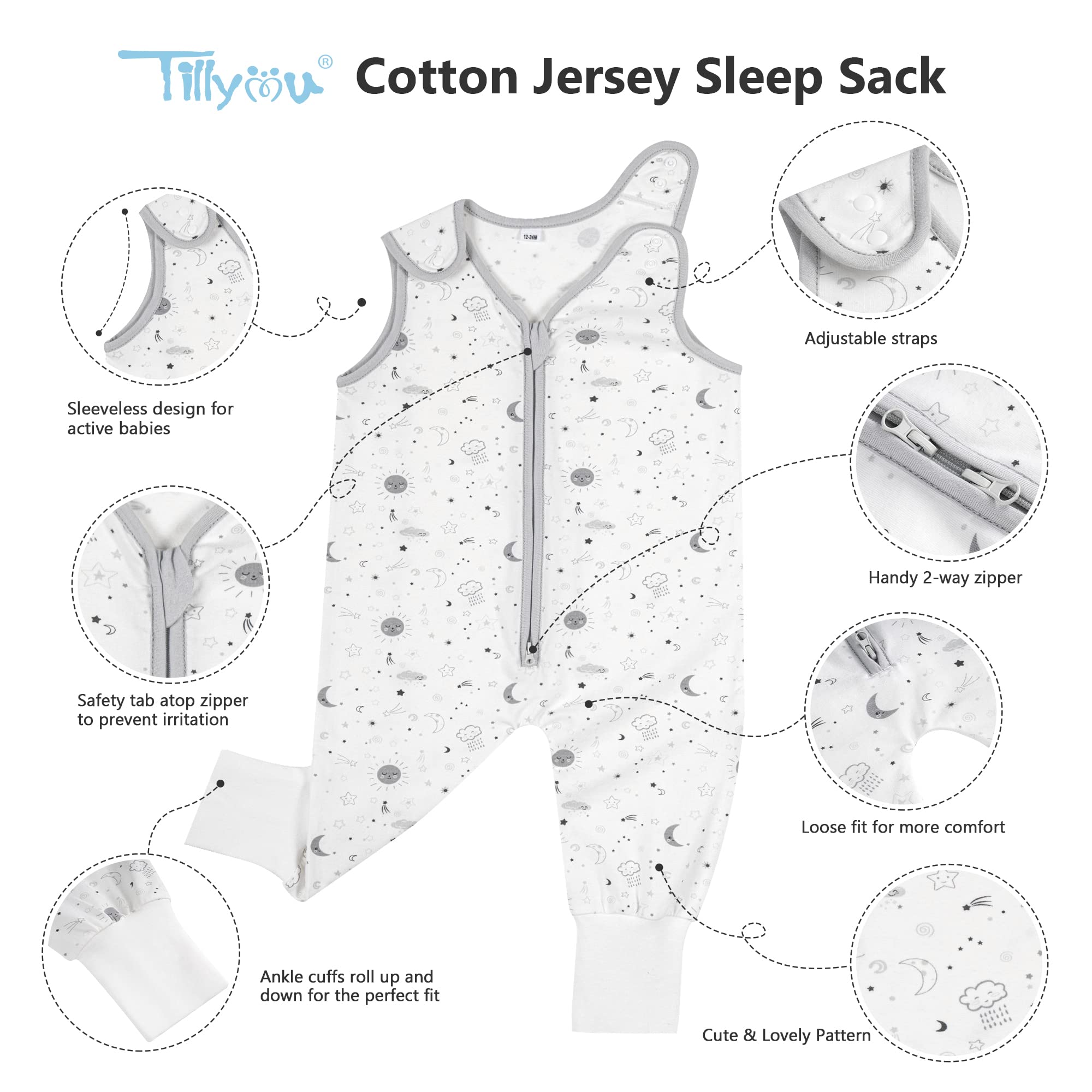 TILLYOU Toddler Sleeping Bag - 100% Cotton Toddler Wearable Blanket Sleep Sack Sleeveless Sleeping Bag TOG 0.5,Small Sun,2T
