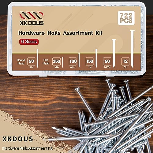 XKDOUS 722pcs 6 Sizes Hardware Nails Assortment Kit, Up to 3"-Long Galvanized Nails, Small Nails,Wood Nails, Wall Nails for Hanging Pictures