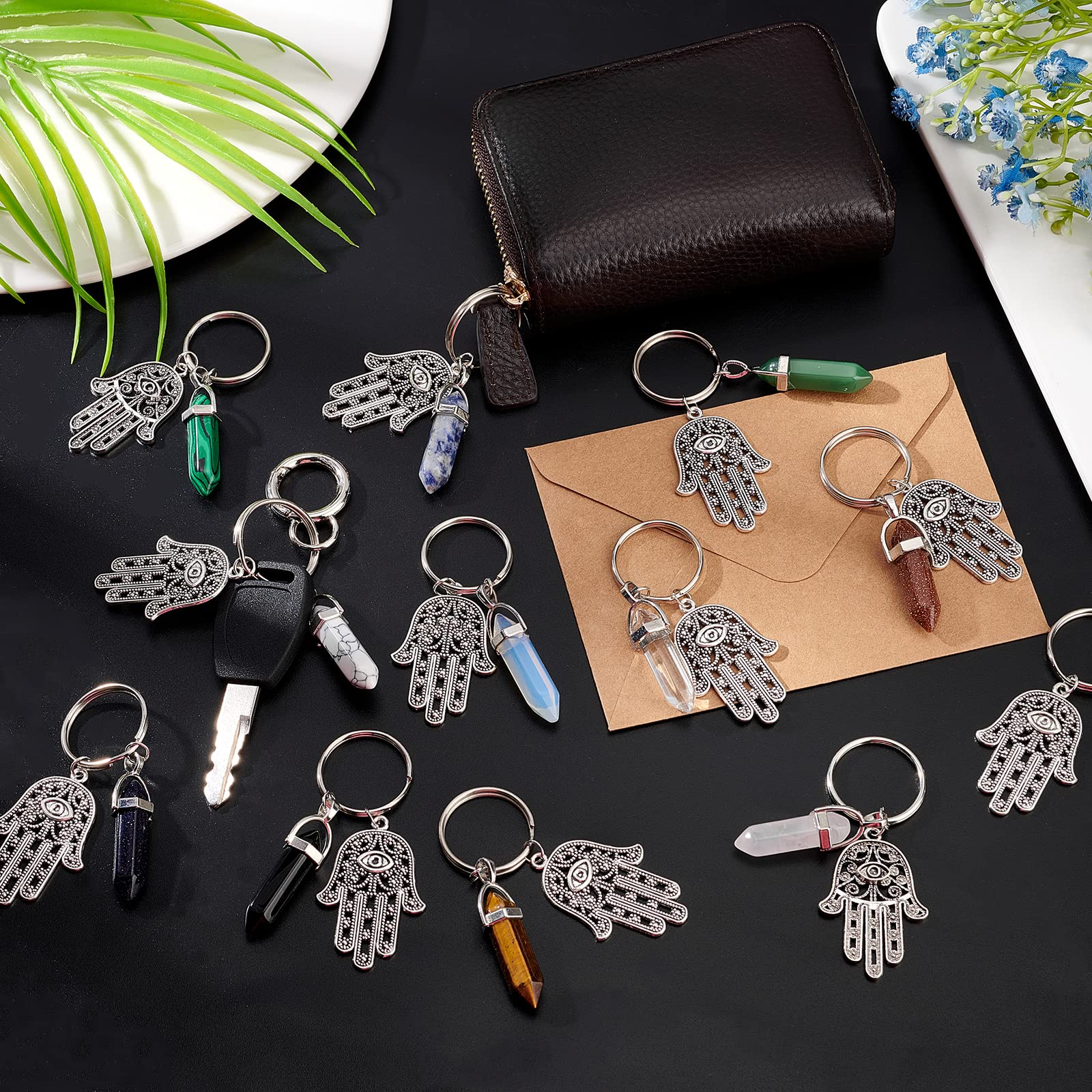 PH PandaHall 12pcs Hamsa Hand Keychains 12 Style Evil Eye Keychain with Crystal Stone Hexagonal Gemstone Lucky Charm Keychain for Wrislet Keychain Necklace Birthday Gift Bag Car Decoration