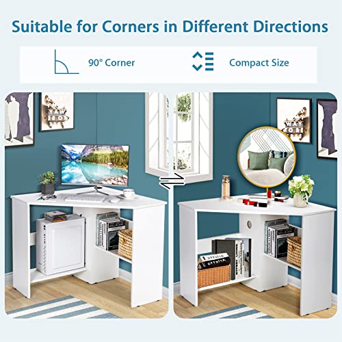 Tangkula White Corner Desk - 90 Degrees Triangle for Computer, Small Space, Bedroom, Makeup Vanity Desk with Storage Shelves & CPU Stand, Space Saving Writing Desk