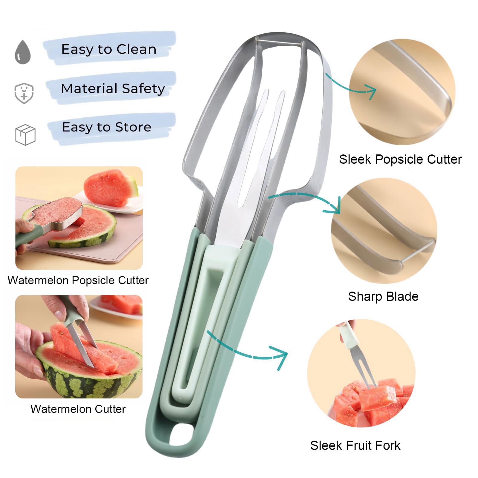 Watermelon Cutter Slicer，2024 New 3-in-1 Multi Functional Household Fruit Splitter Watermelon Fork Slicer Cutter, Melon Cutter Knife Portability Fruit Fork for Camping Kitchen Gadgets (light green)