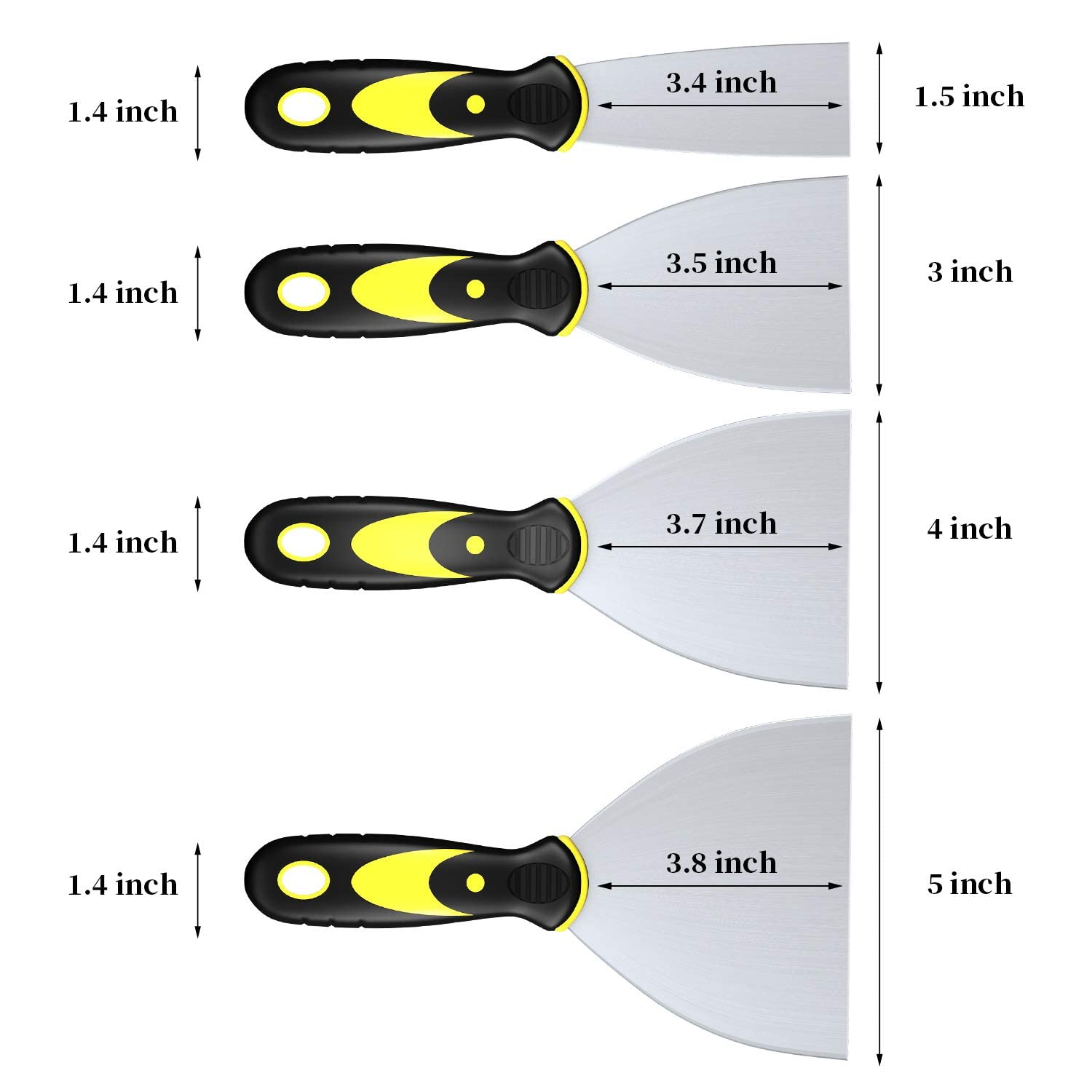 Putty Knife Scrapers, Spackle Knife, Metal Scraper Tool for Drywall Finishing, Plaster Scraping, Decals, and Wallpaper (4 Pack, 5β, 4β, 3β, 1.5β Wide)