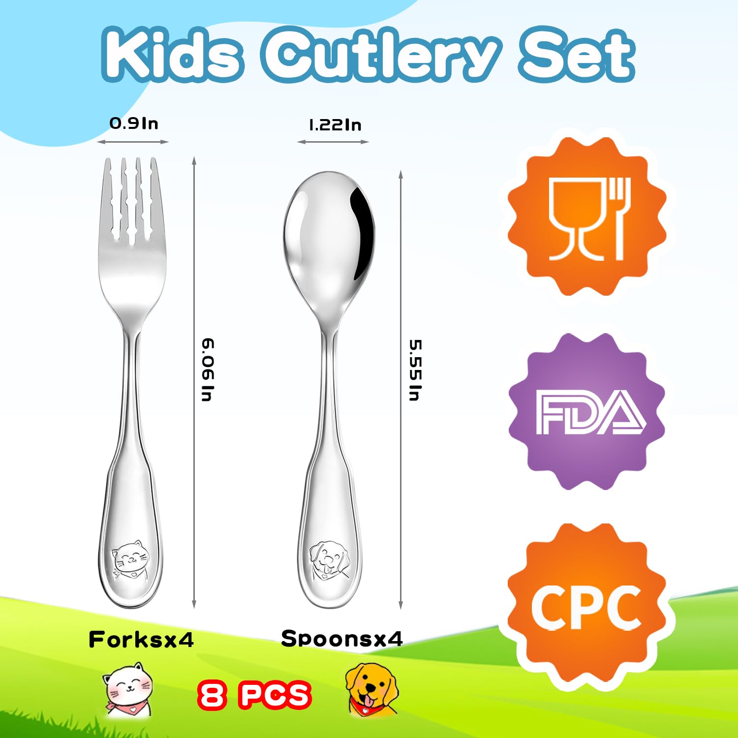 Toddler-Utensils-Kids-Silverware-Set, 8 PCS 18/10 Stainless Steel Toddler Forks and Spoons, Round Edges Children Cutlery Set with Dog & Cat Pattern, Non-slip Fork, Mirror Polished, Dishwasher Safe