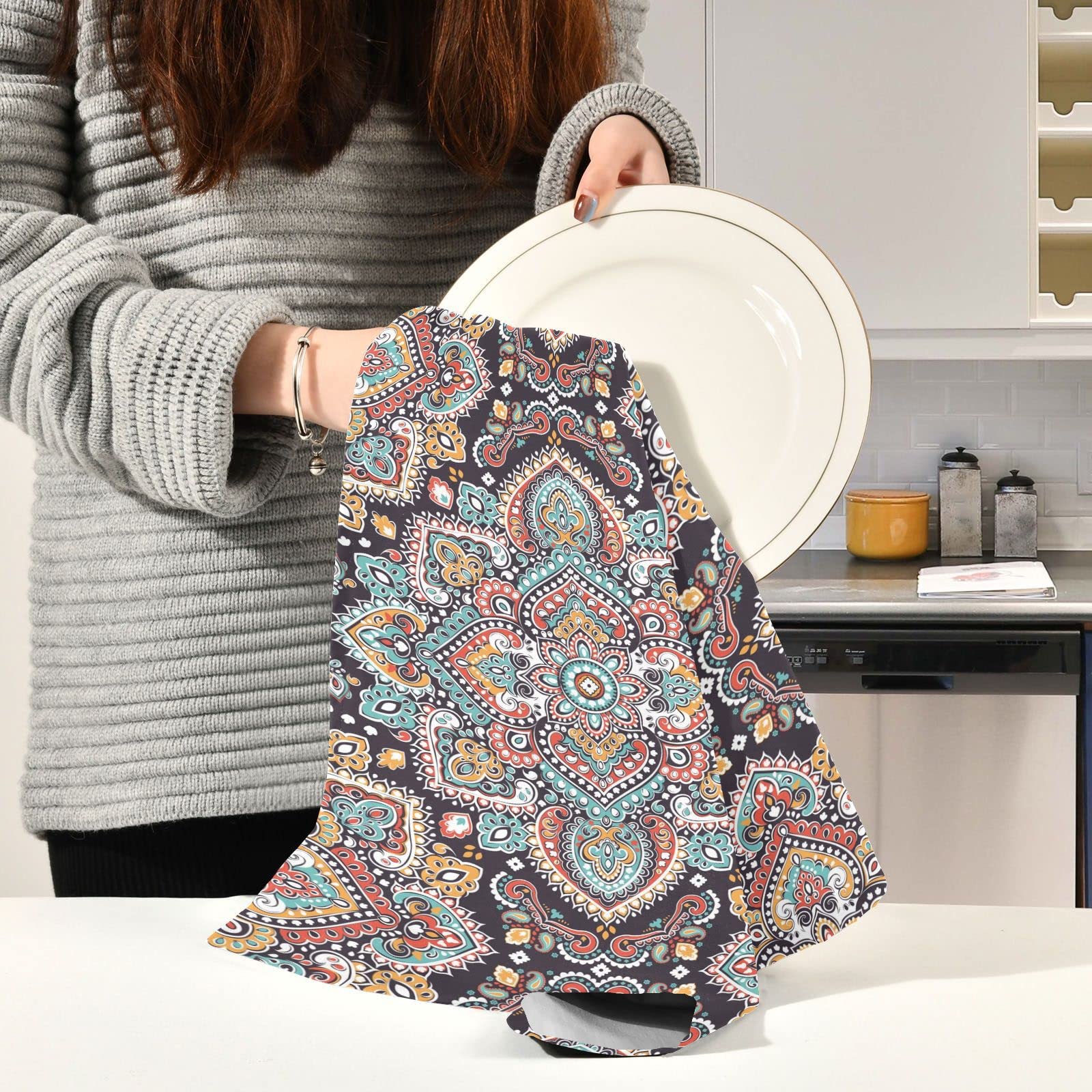 MNSRUU Kitchen Towels Dishcloths Sets 4Pcs with Hanging Loop, Indian Floral Paisley Absorbent Kitchen Décor Cleaning Hand Towel Tea Towels for Farmhouse Kitchen Dishes Tea Home