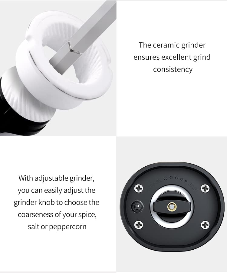 Saknaop Electric Pepper Grinder,Pepper Salt Mill Grinder refillable with Gravity Sensor Switch, Salt Grinder Spice Grinder with Adjustable Coarseness and LED Blue Light,Battery Operated
