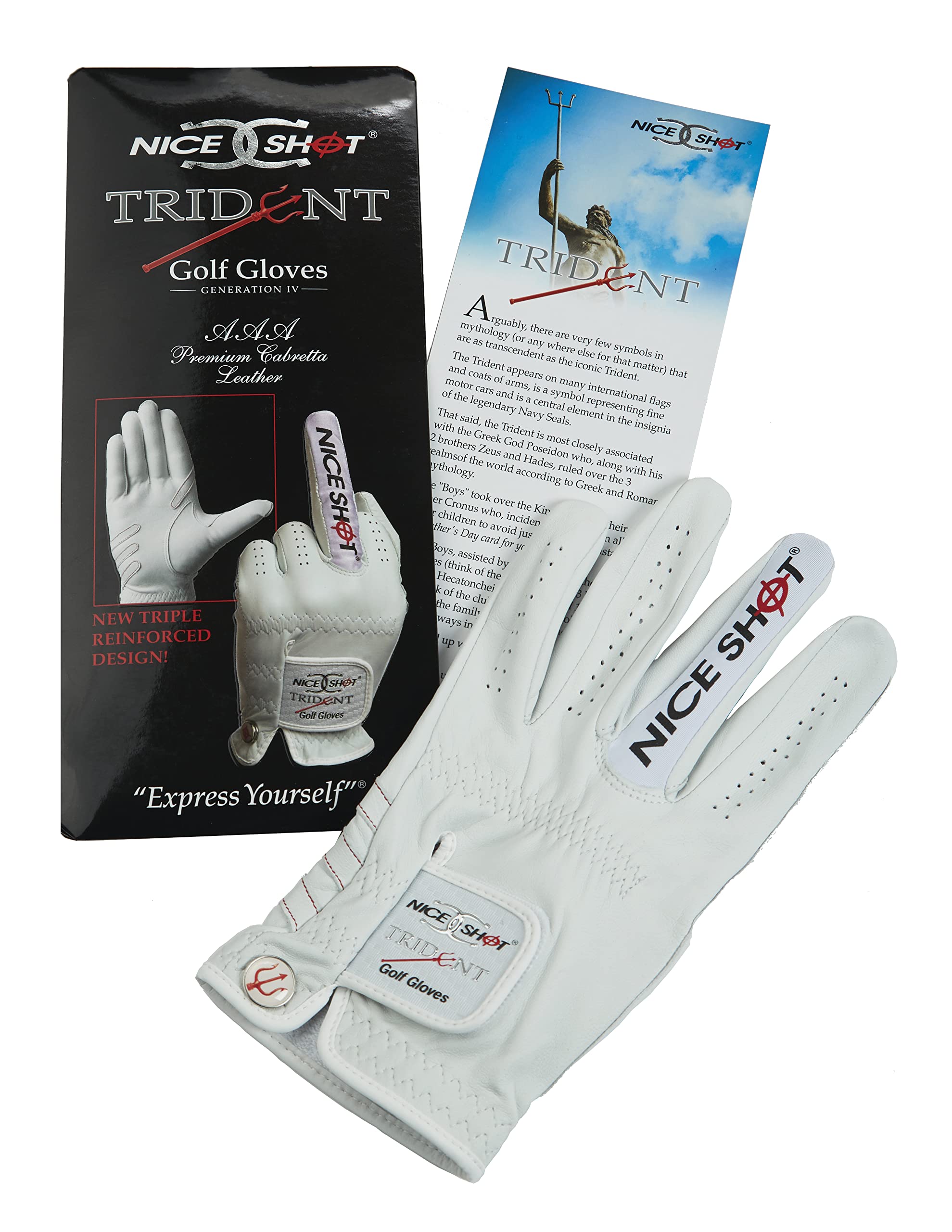 Nice Shot Trident Golf Glove with Power Grip Strips in Premium White Cabretta Leather Men's Left Hand - XLarge