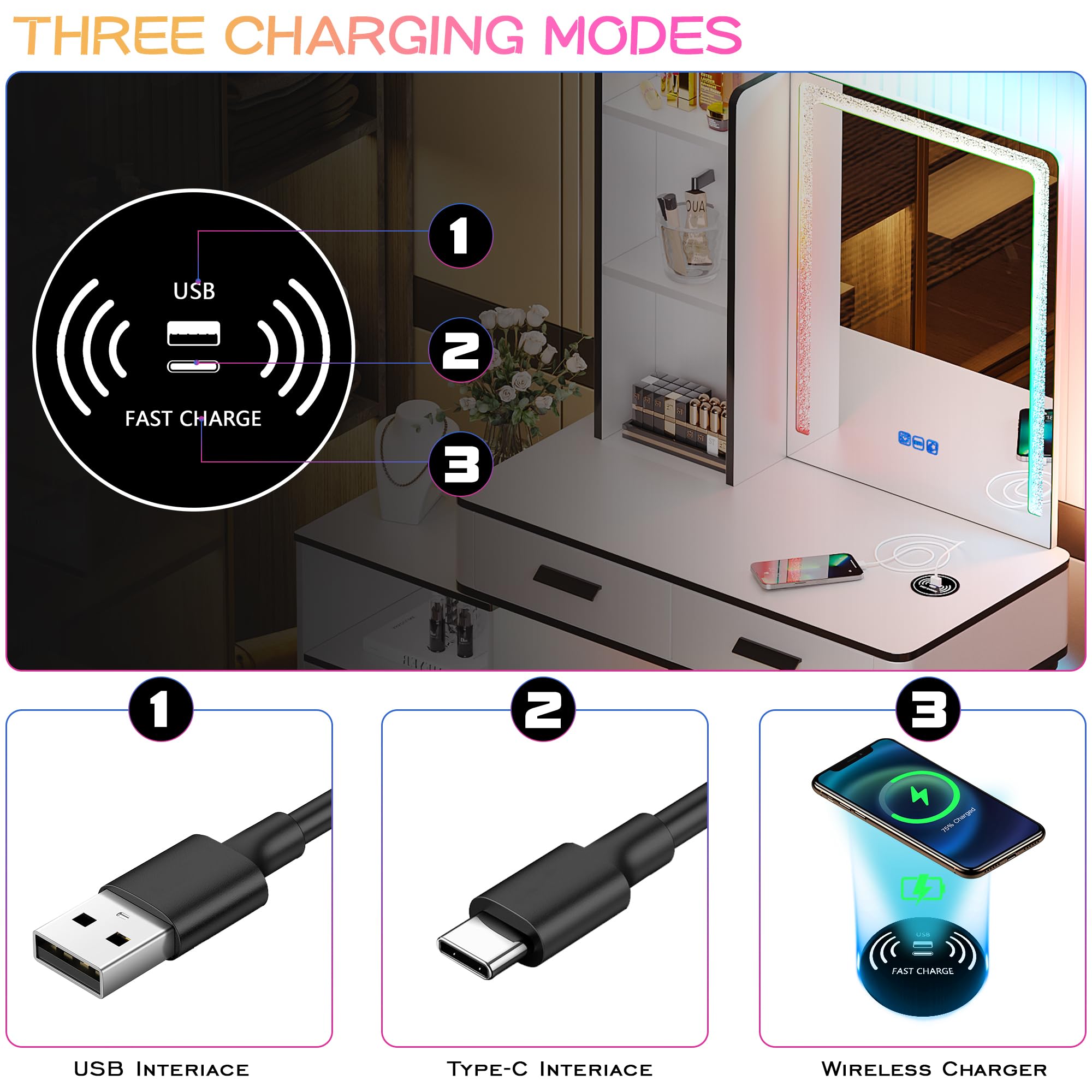 JDPAG RGB Makeup Vanity Set with Wireless Charging Station,Vanity Table with USB&Type-C Ports,7 Dynamic and 7 Static Dimmable Vanity Desk with Storage Shelf and Cushion Stool