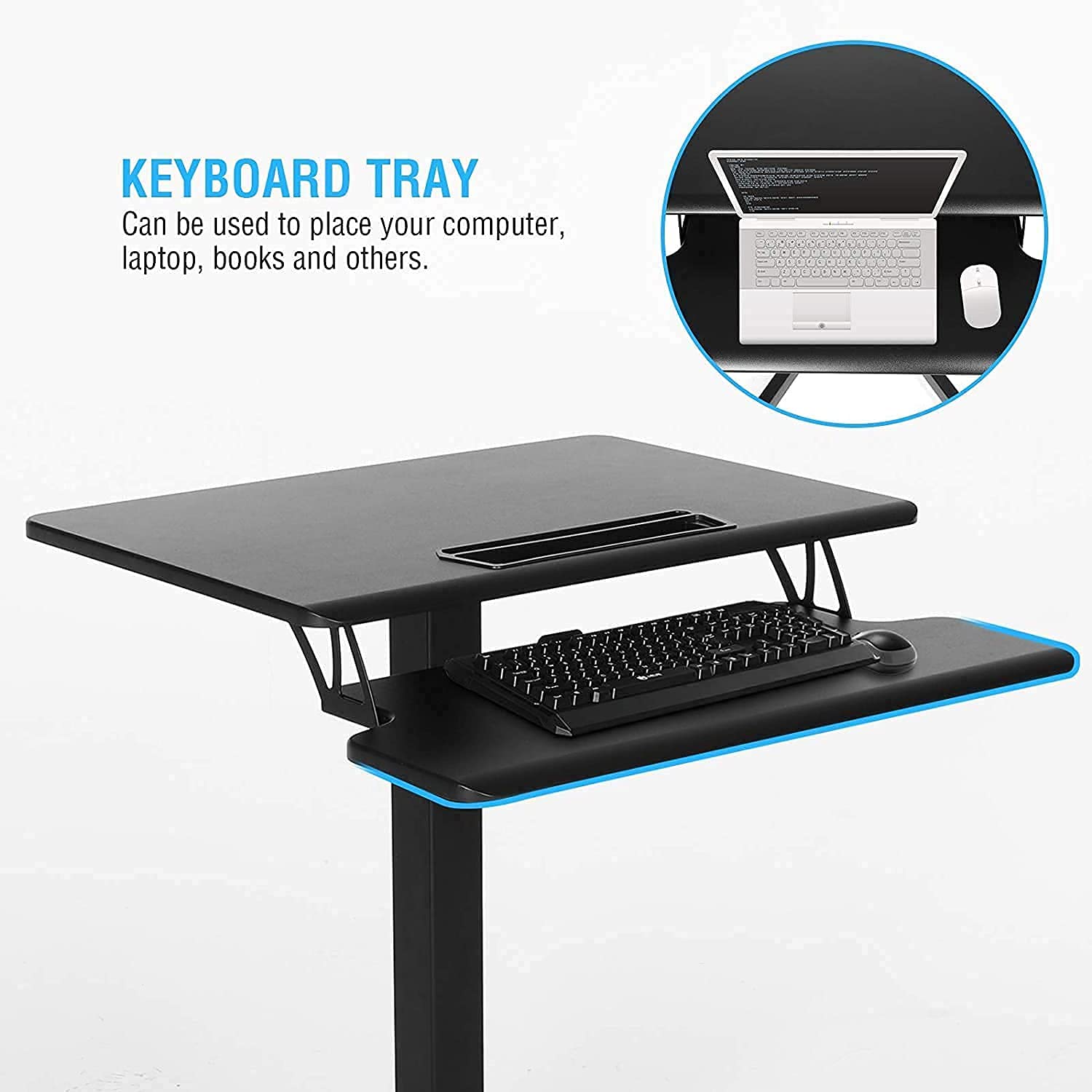 LGHM Rolling Desk, Mobile Desk Height Adjustable, Mobile Laptop Desk with Keyboard, Mobile Standing Desk w/4 Lockable Casters, Home Office Stand Up Desk Pneumatic Gas Spring Sit Stand Table (Black)