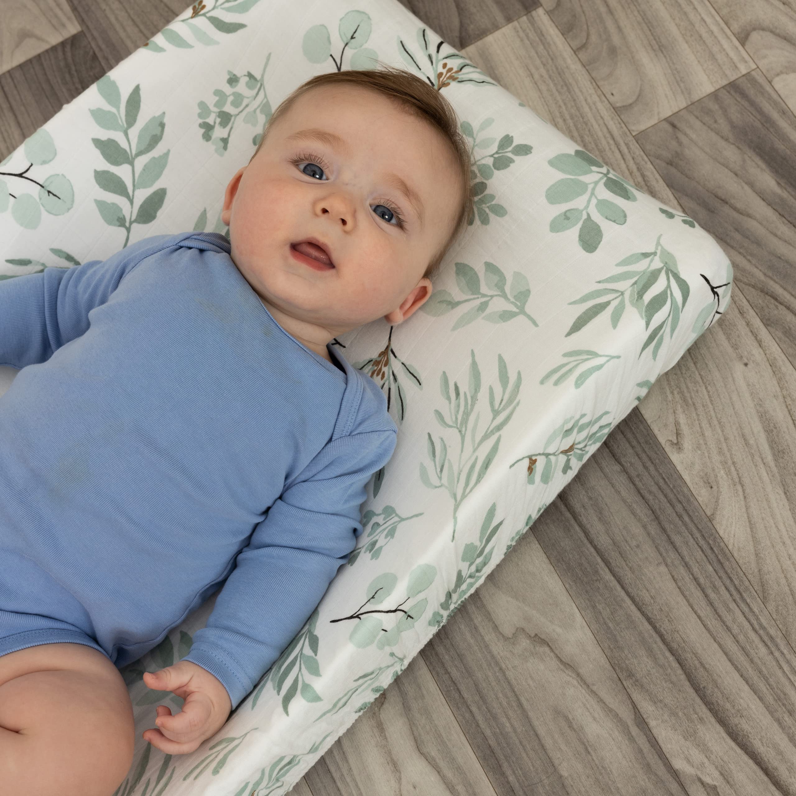 Organic Muslin Changing Pad Cover - Fitted Baby Changing Mat, Soft and Breathable, Eucalyptus Leaves, 16βx32β