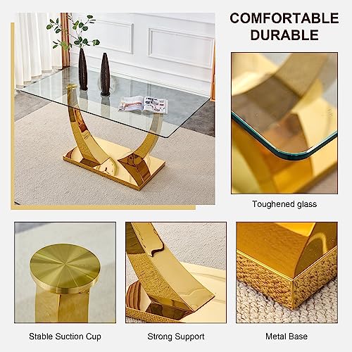 Wlvos 62.8" Rectangular Glass Dining Table for 4-6 with 0.39" Tempered Glass and Golden Chrome Metal Special-Shaped Bracket, for Kitchen Dining Living Meeting Room Banquet Hall (Golden)