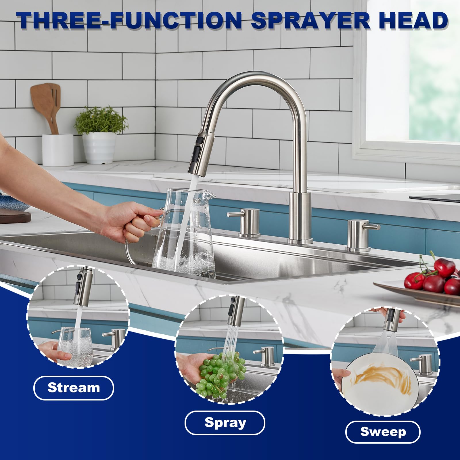 Tohlar Kitchen Faucets, Brushed Nickel Kitchen Faucet Pull Down Sprayer Stainless Steel Sink Faucets with Soap Dispenser Commercial Modern Rv Faucets, Llaves para fregaderos de cocina