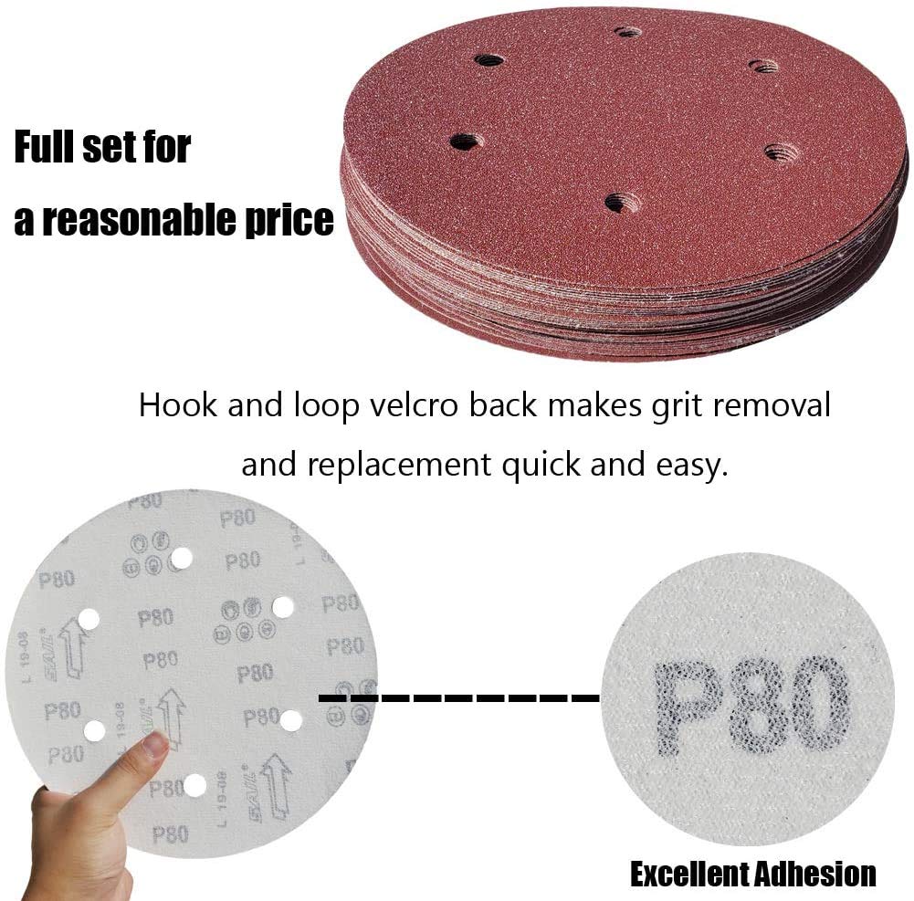 Tonmp 50 PCS 9 Inch 6 Hole Hook-and-Loop Sanding Discs for Drywall Sander -10 Each of 60 80 120 150 240 Grits Sander Paper