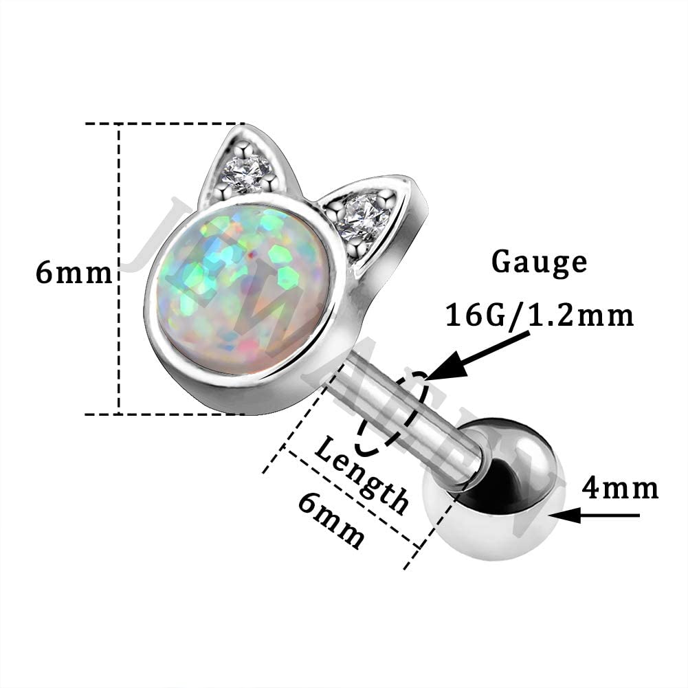 Jewseen 16g Cute Cat Opal Center Tragus Helix Stud Conch Ring Cartilage Earring Body Piercing Earring
