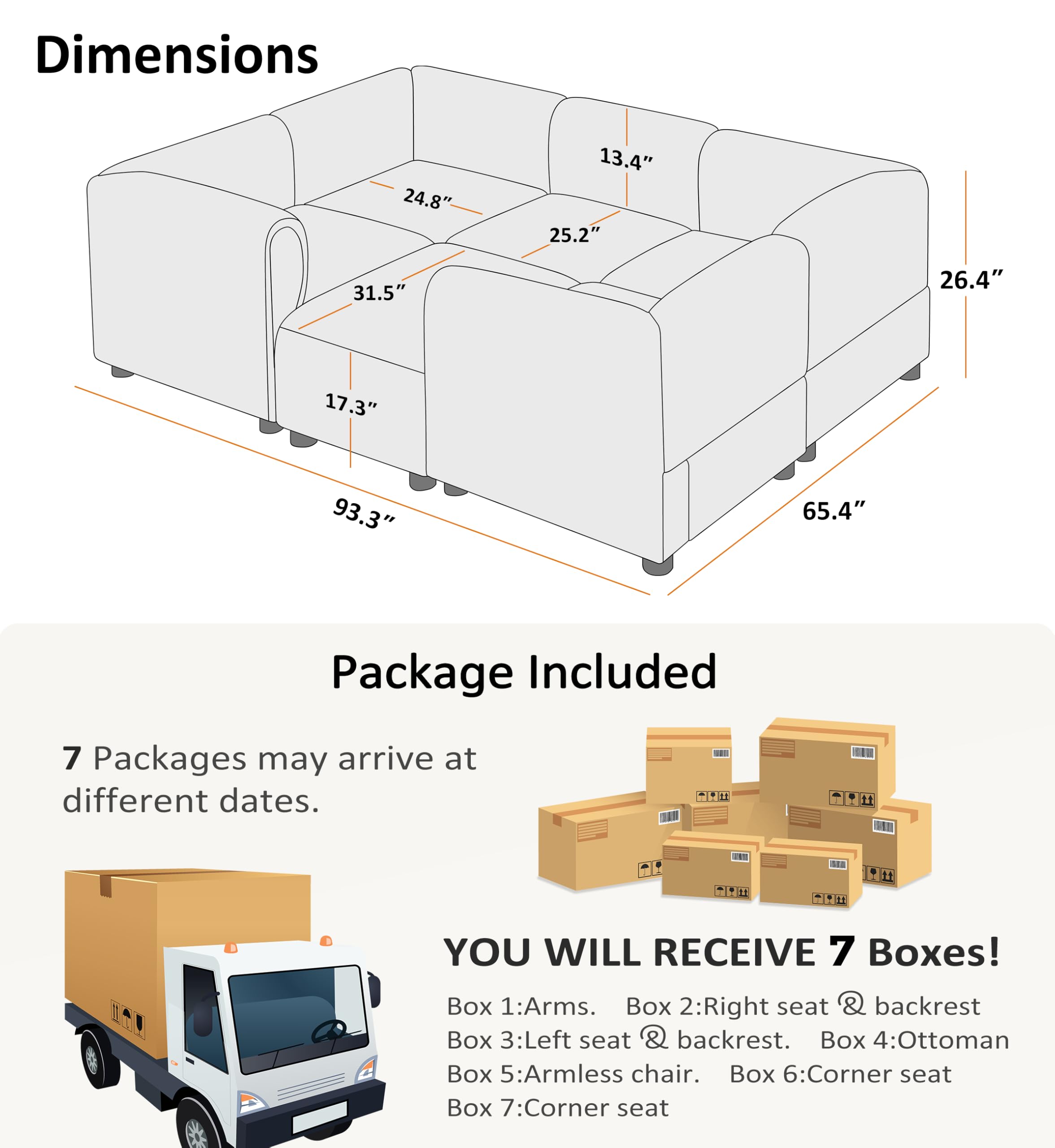 VANOMi Oversized Modular Sectional Sofa Set, Sleeper Couch That can Turn into Cinema Mode, 93 Inches Wide, 6 Seats, Boucle Fabric