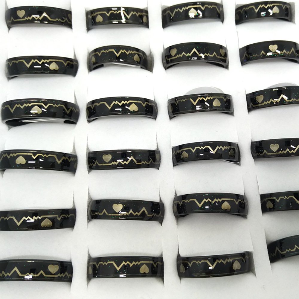 JEYKAY Color Changing Titanium/Stainless Steel Mood Ring, EKG w/Hearts Design, Gift Box Included. (Change Color, 10)