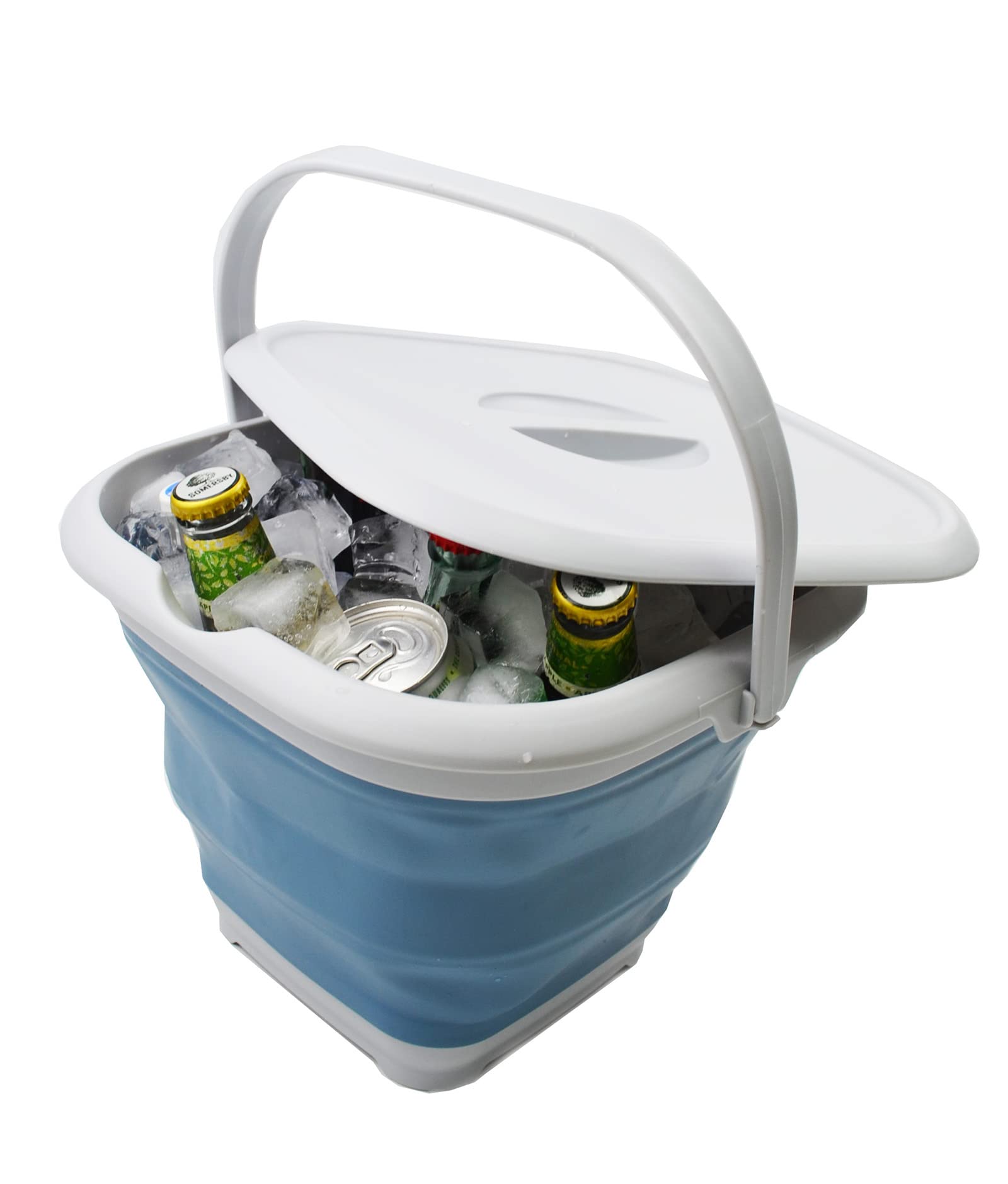 SAMMART 8.5L (2.2 Gallon) Collapsible Square Handy Bucket with Lid/Foldable SquareWater Pail with Lid/Portable Tub with Handle and Lid. Size 31x31cm (Grey/Steel Blue, 1)