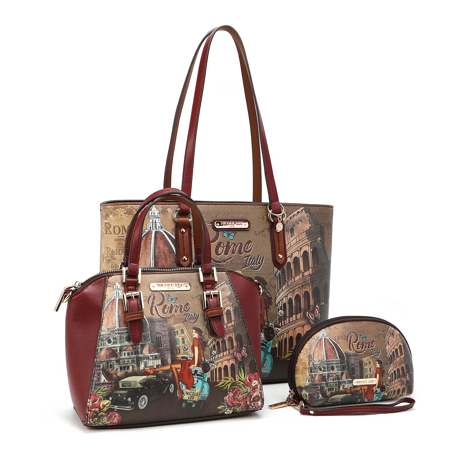 Nicole Lee Memory of Rome 3 Piece Set (Shopper, Mini Satchel, Pouch)