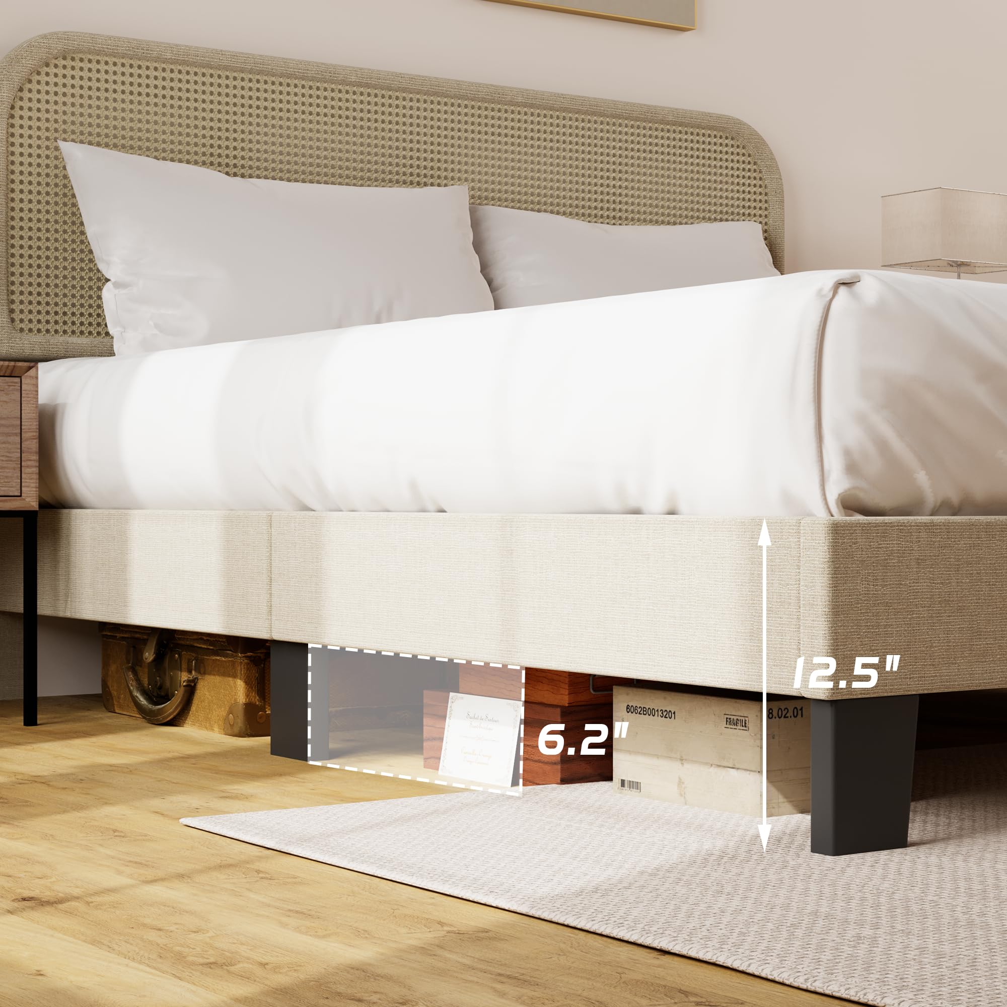 Lifezone Queen Bed Frame with Adjustable Rattan Headboard, Queen Size Bed Frame with Wood Slats Support, Safe Rounded Corner Design, Linen Fabric, High Feet, No Box Spring Needed, Beige