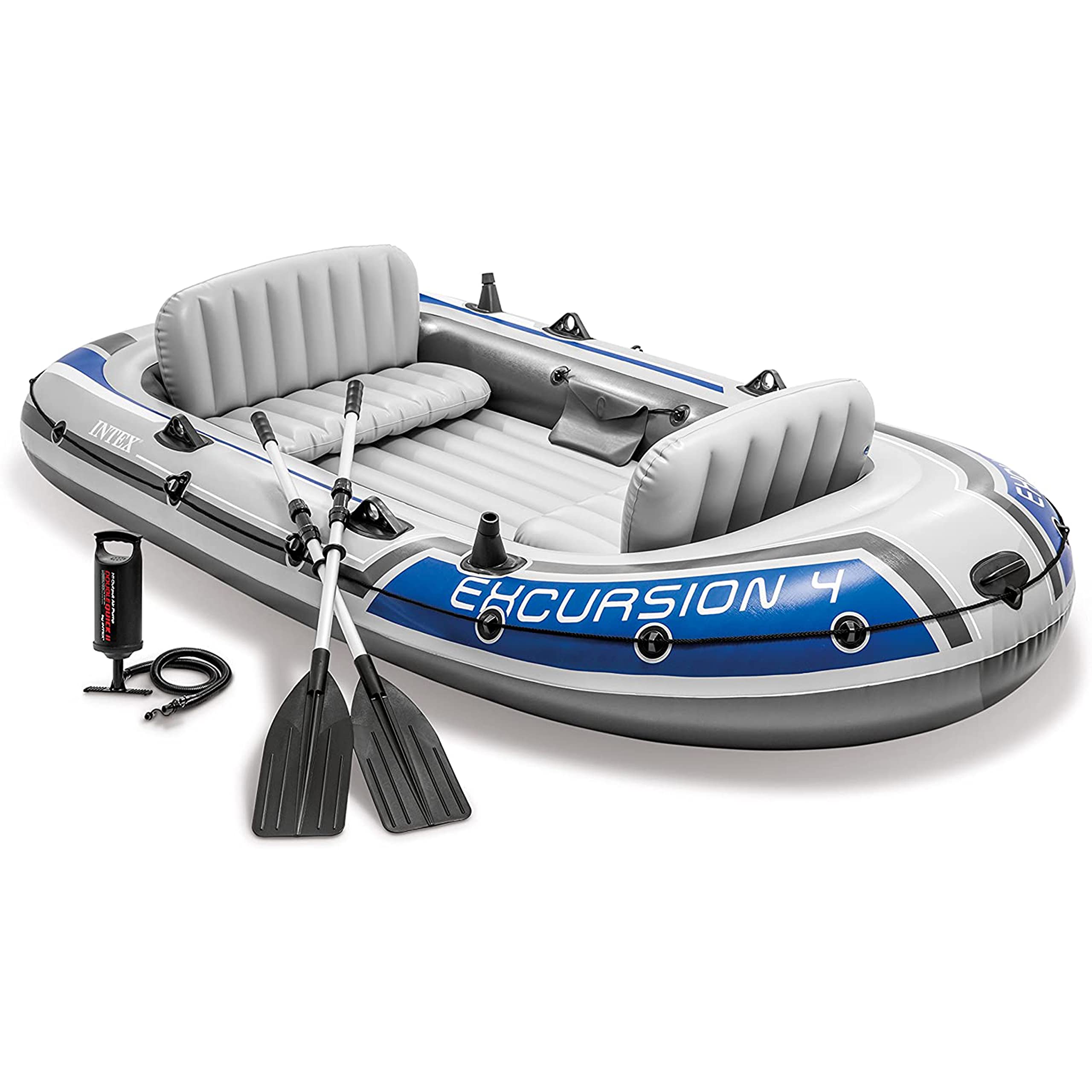 INTEX 68324EP Excursion 4 Inflatable Boat Set: Includes Deluxe 54in Boat Oars and High-Output Pump β Adjustable Seats with Backrest β Fishing Rod Holders β 4-Person β 1100lb Weight Capacity