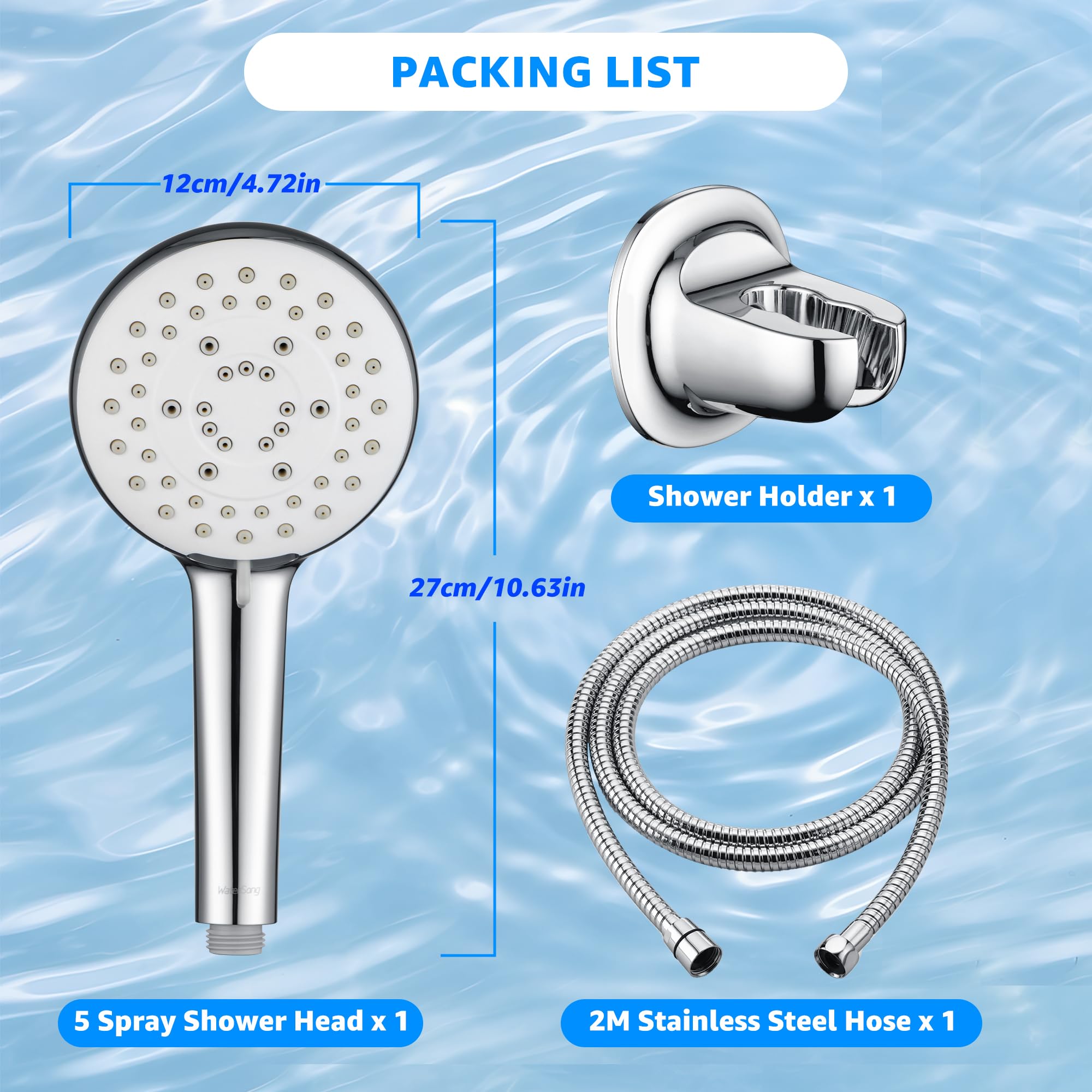 WaterSong Shower Head with Handheld, 3 Spray Mode High Pressure Handheld Shower Head with 79" Extra Long Stainless Steel Hose & Adjustable Bracket, Brushed Nickel