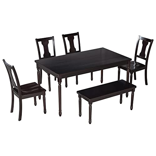 Woanke Table & Chair 6, Wooden Rectangular 4 Chairs and 1 Bench, Rustic Style Dining Table Furniture Set, Gray, Espresso