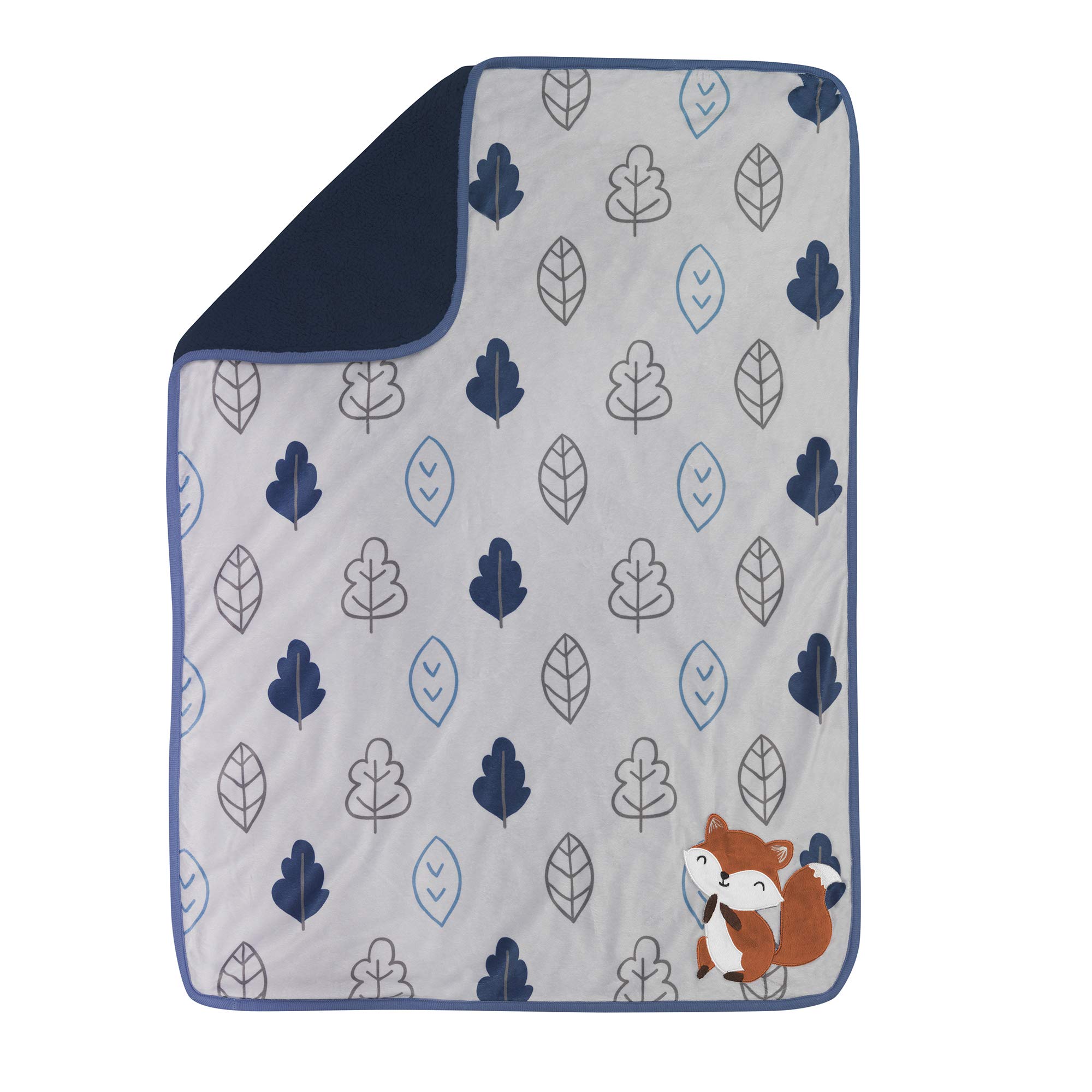 Lambs & Ivy Little Campers Blue/Gray Fox with Leaves Sherpa Baby Blanket