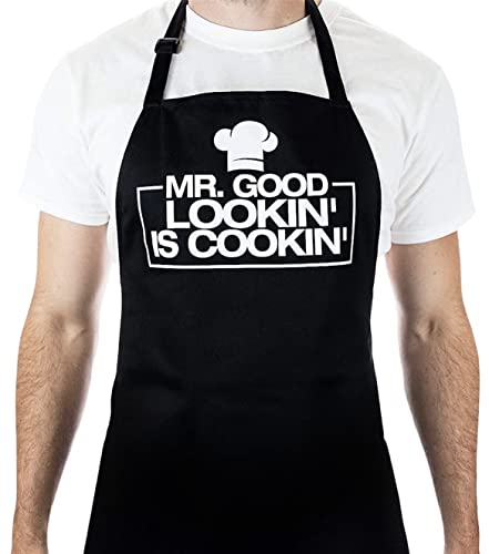 Premium Quality Cooking Apron β Funny Apron - Chef Apron β BBQ Apron β Mr goodlooking is cooking, Black, colorsize