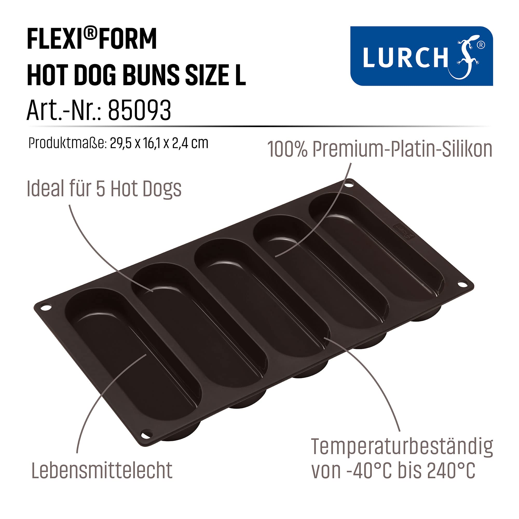LURCH Germany Hot Dog Buns Mold | Silicone Non-stick Flexiform Baking Pan | 6-inch Hotdog shaped Bread, Rolls, Cake and Eclair Tray | BPA-Free