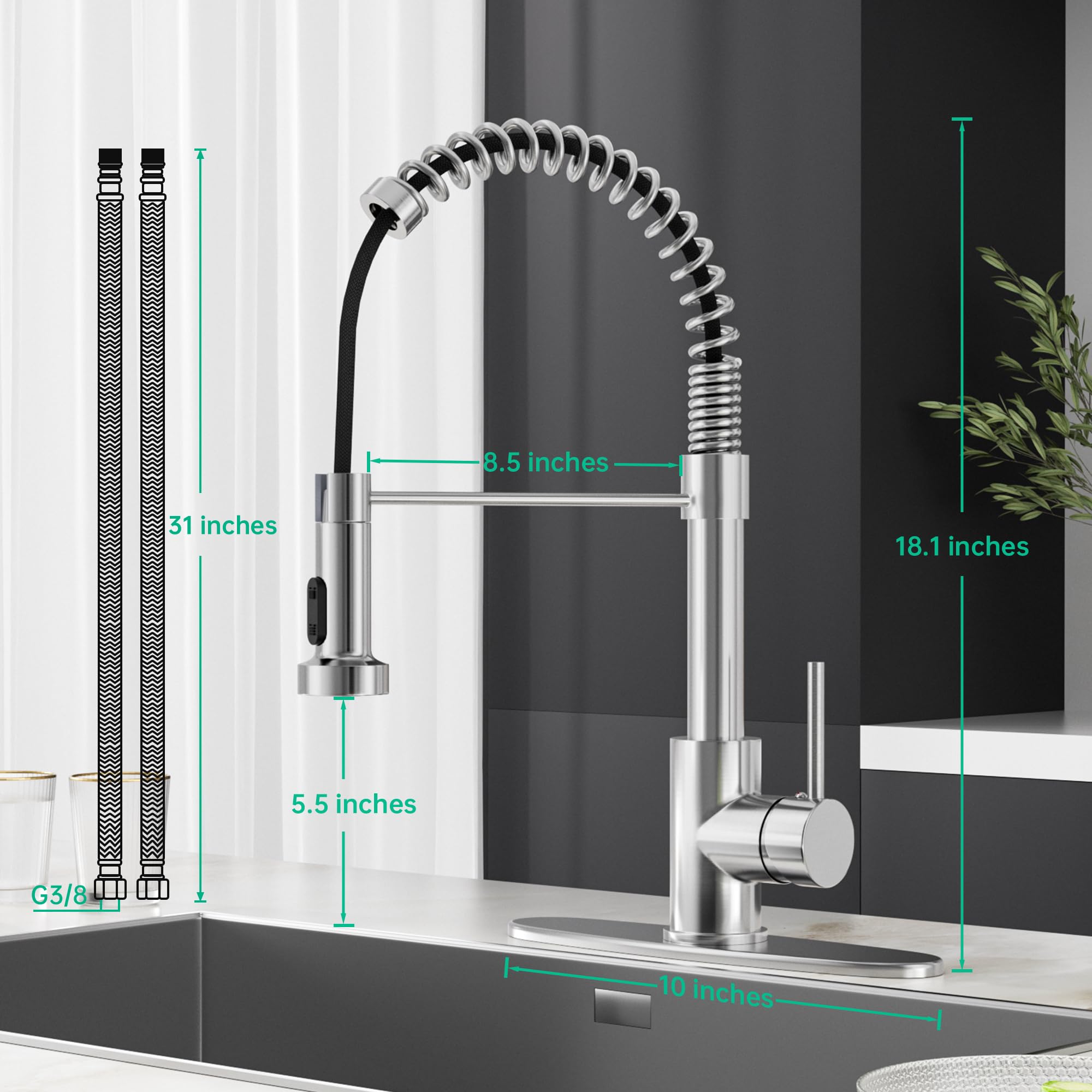Kitchen Faucet with Pull Down Spray Head Stainless Steel Single Handle Pull Out Spring Loaded Sink Faucet 1 Hole or 3 Hole Dual Function For Farmhouse Camper Laundry Sundry RV Wet Bar (Brushed Nickel)