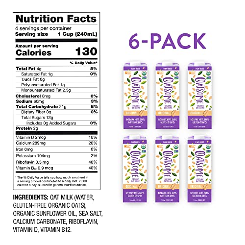 Oatsome Organic Oat Milk, 1-Liter Cartons, 6 Count, Regular, 202.86 Fl Oz