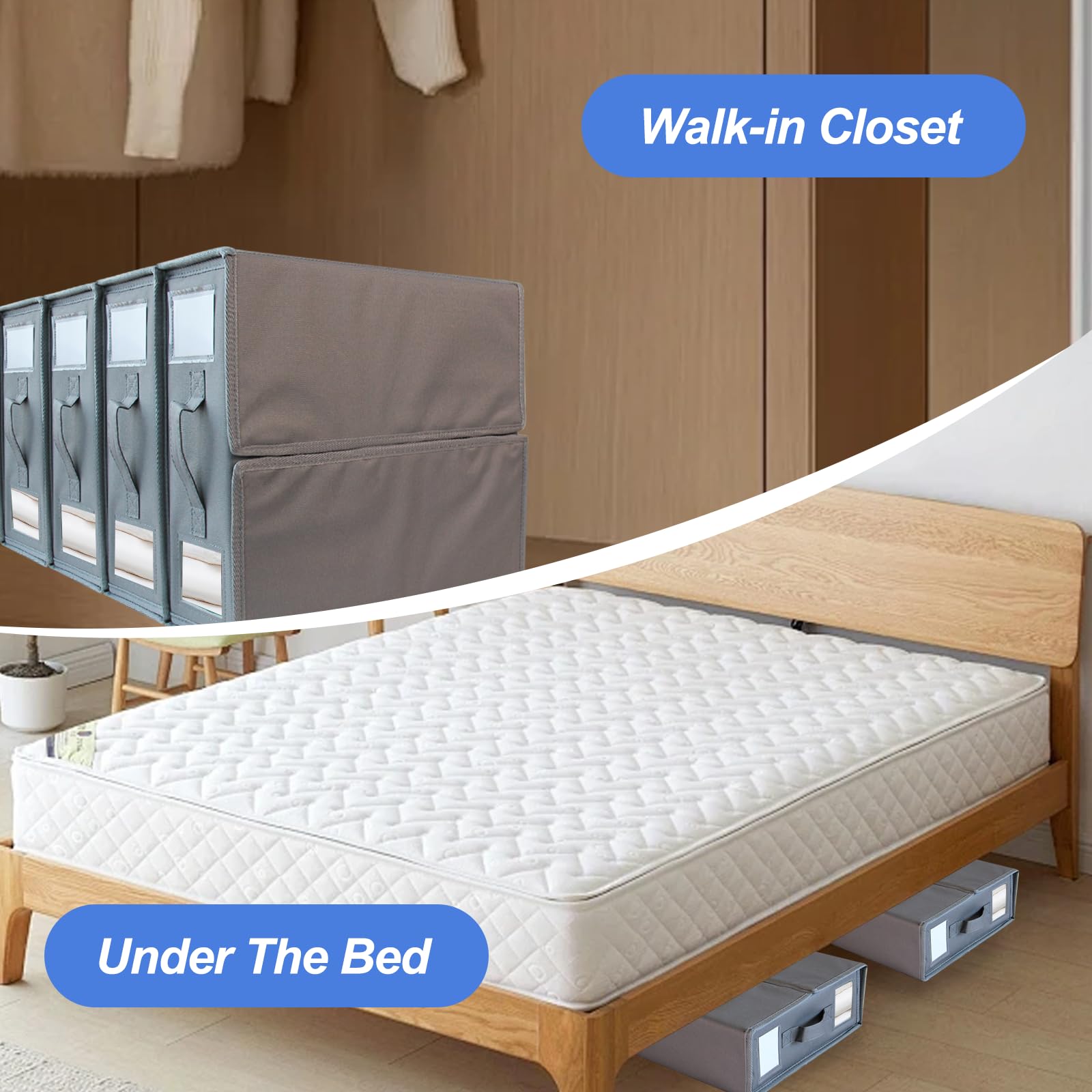ZDFRBJGㅤㅤㅤㅤ Bed Sheet Organizer and Storage Foldable Oxford For Bed Sheets(King & Queen Size), Duvet Covers and Pillowcases with Handle and window 4 Pcs(Gray)
