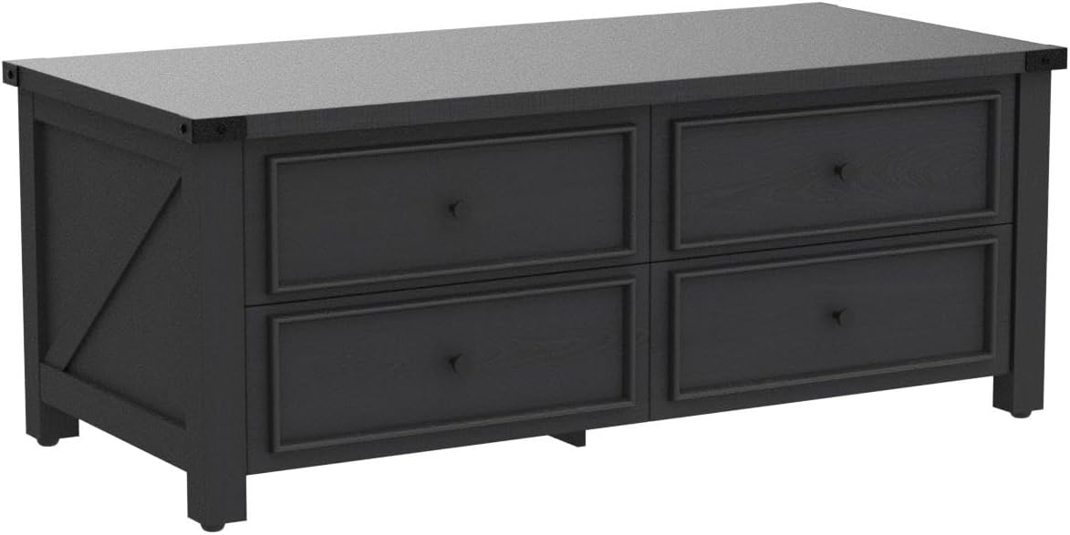 JXQTLINGMU 48” Farmhouse Coffee Table with 4 Large Storage Drawers, Modern Center Table with Barn Door for Living Room, Office, Rustic Rectangle Cocktail Table(Black)
