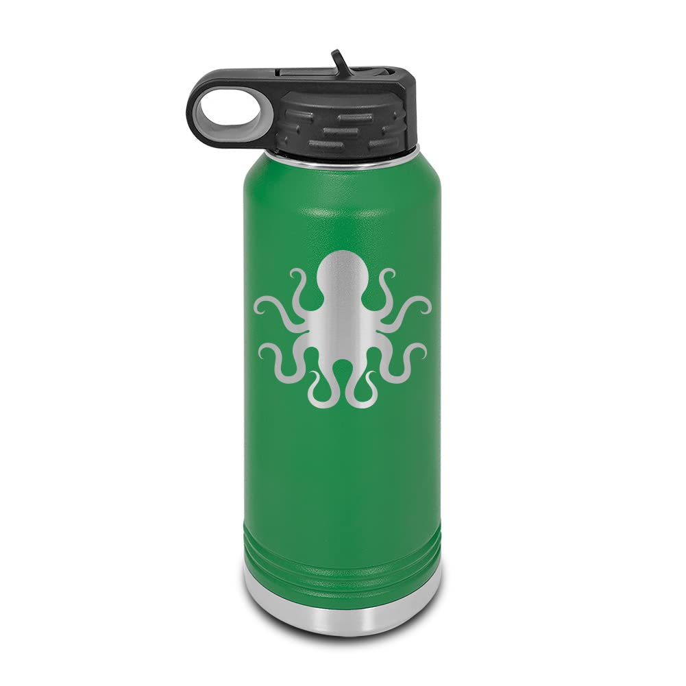 Octopus Laser Engraved Water Bottle Customizable Polar Camel Stainless Steel with Straw - Octopoda Green 32 oz