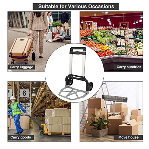 RedSwing Folding Hand Truck 330lbs, Aluminium Portable Hand Cart with Telescoping Handle, Heavy Duty Dolly with 2 Rubber Wheels, Silver