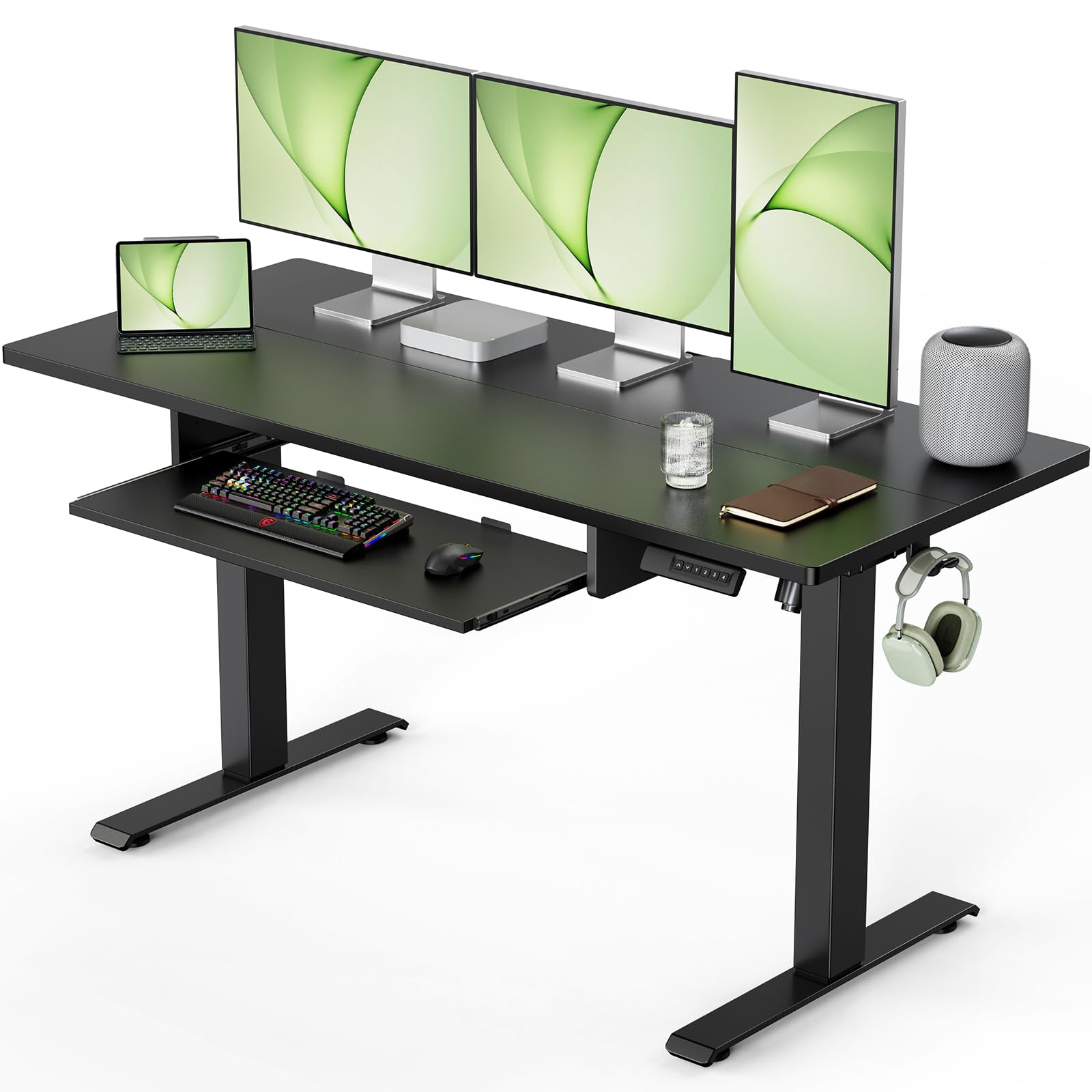 Marsail Standing Desk Adjustable Height with Extra Large Keyboard Tray, 55" Electic Adjustable Desk with 4 Memory Presets Cable Management 2 Storage Hooks, Sit Stand Up Desk for Home Office