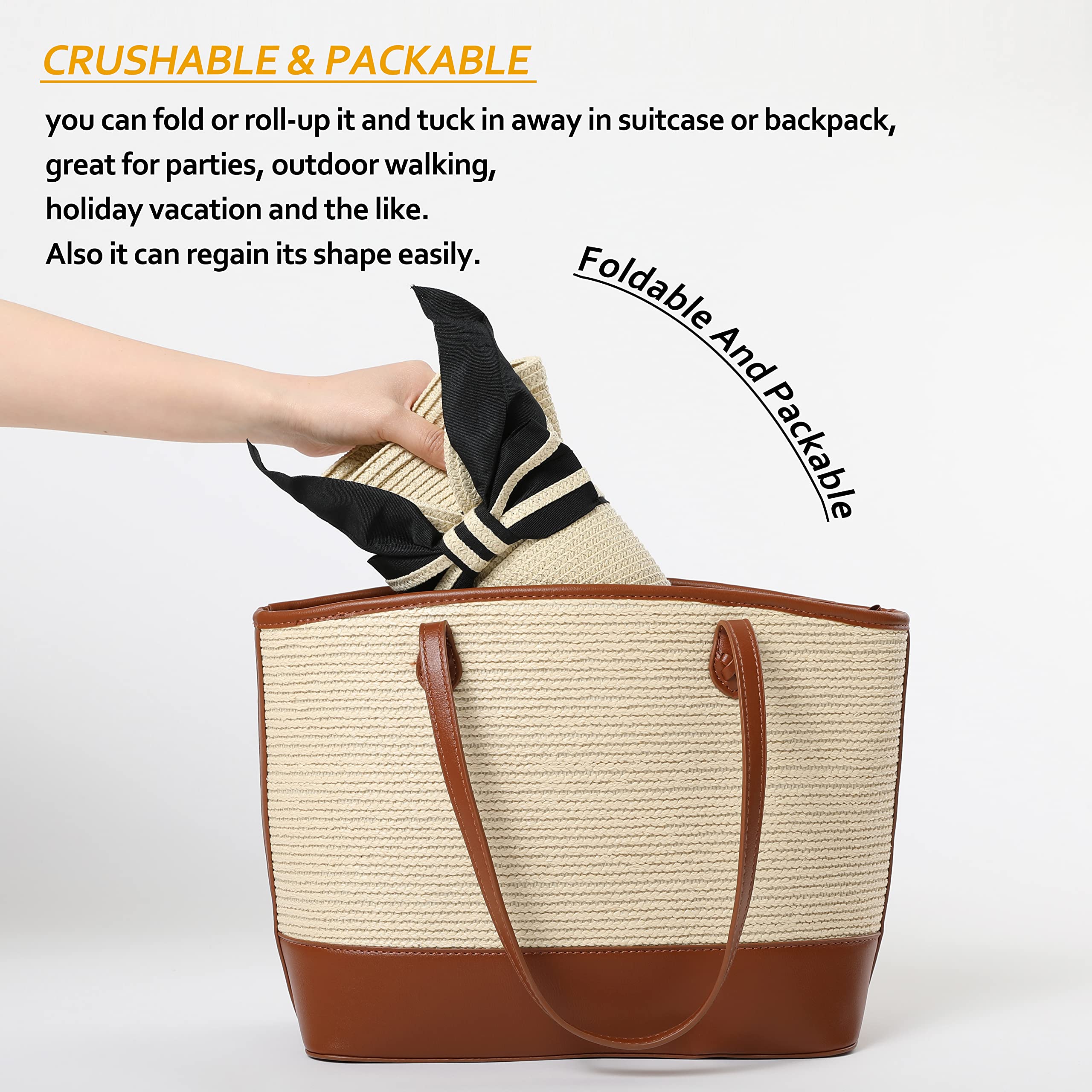 Jeff & Aimy Womens Packable Floppy Straw Beach Sun Hat Floppy with UV Protection Wide Brim Neck Cord Foldable Panama Fedora Travel Sunhat UPF 50 Large 57.5-59CM