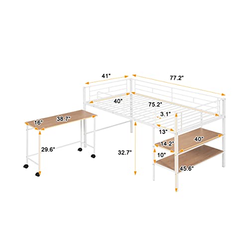 Tdewlye Multifunctional Design Twin Size Metal Loft Bed with Desk and Shelves, for Girls,Boys,Kids,Teens, (White-@66)