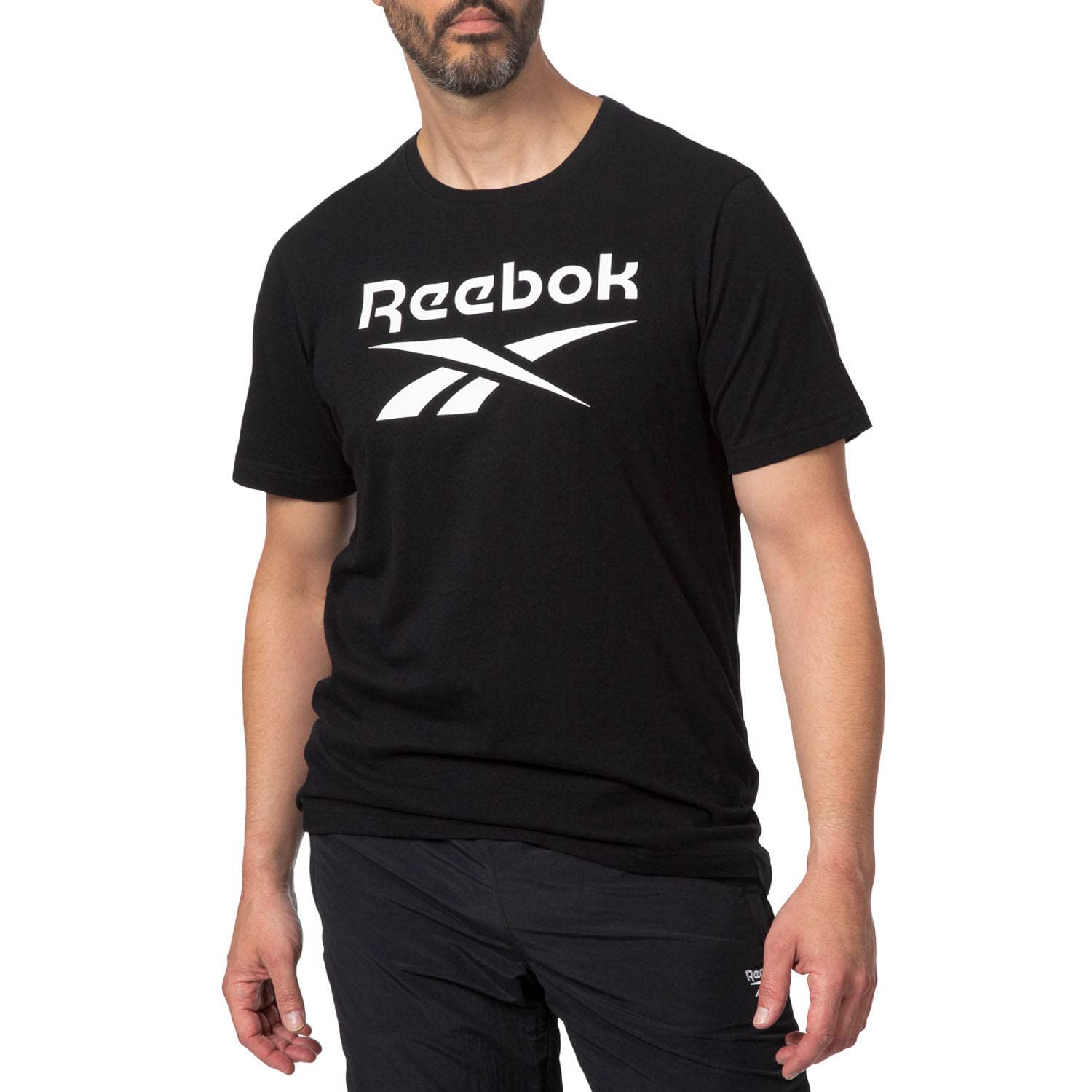 Reebok Stacked Crewneck T-Shirt Slim Fit| Men's Workout Ready Graphic Front | 100% Cotton T-Shirts - Black Large