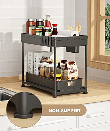 MERRYBOX Under Sink Organizers and Storage, Sliding Under Cabinet Bathroom Organizer, 2 Tier Kitchen Under Sink Shelf Organizer Pull Out Drawer with Hooks, Hanging Cup, Non-Slip Feet, Black, 1 Pack