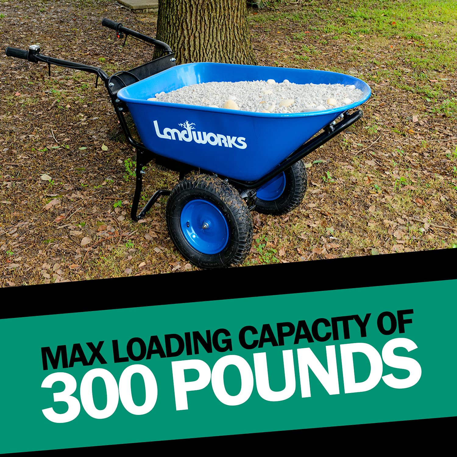 Landworks Wheelbarrow Utility Cart Electric Powered 24V DC 180W AGM Battery 330lbs (150kgs) Max Capacity Barrel Dump Material Debris Hauler