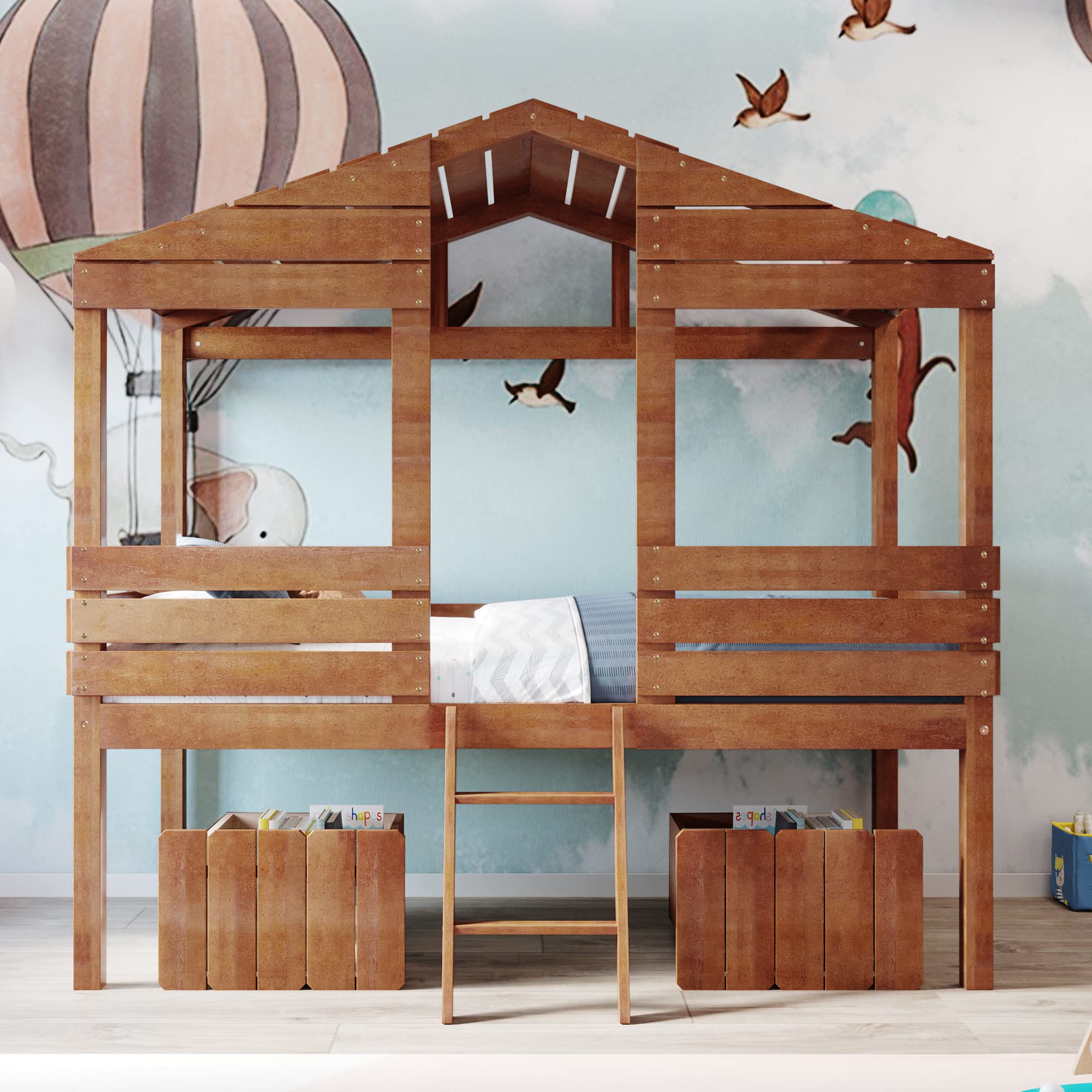 Merax Twin Montessori Loft Bed Frame with Drawers and Ladder Low Loft Bunk Bed for Kids Juniors, No Box Spring Needed, Walnut