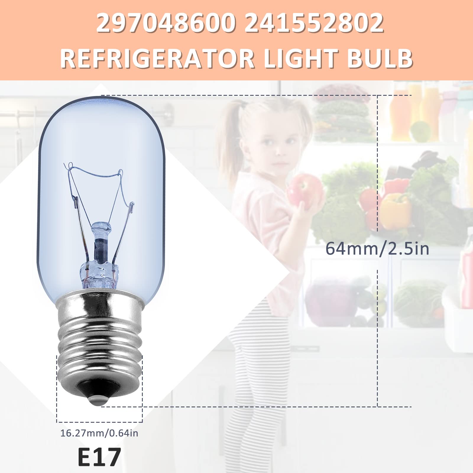 PANDEELS 2 Pack 297048600 241552802 Refrigerator Light Bulb E17 40W Fit for Frigidiare Kemnore Electorlux Fridge Freezer - Replaces 7297048600, 1056577, AP3770086, PS976993, EAP976993,Soft White