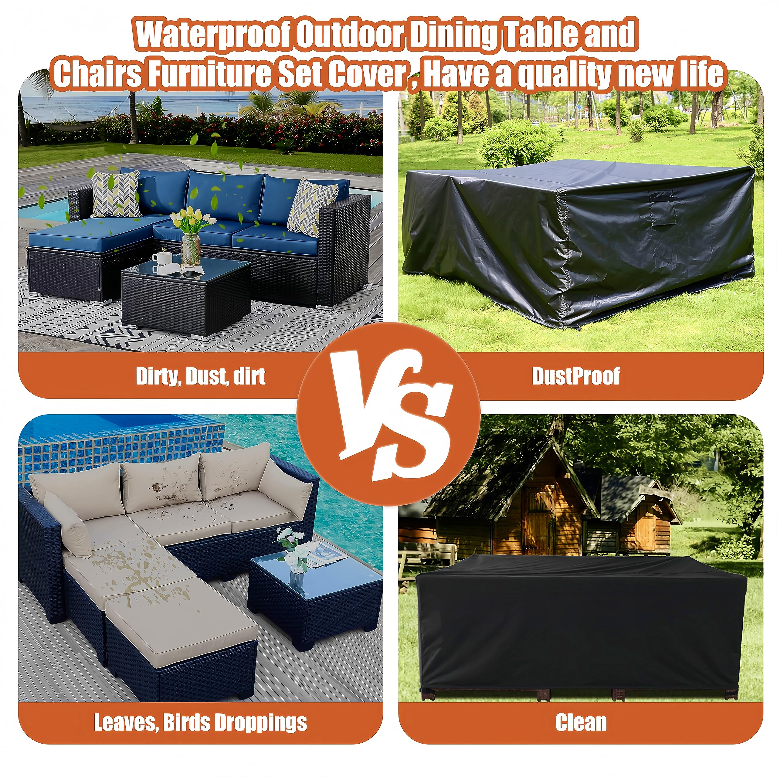 Likorlove Patio Furniture Covers Waterproof, 67"L x 37"W x 28"H Large Outdoor Table and Chair Set Covers, General Purpose Sectional Sofa Set Covers, Rectangular Heavy Duty 600D for Deck, Lawn, Black